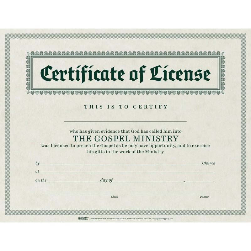 Certificate-License-Minister (Parchment) (8-1/2" x